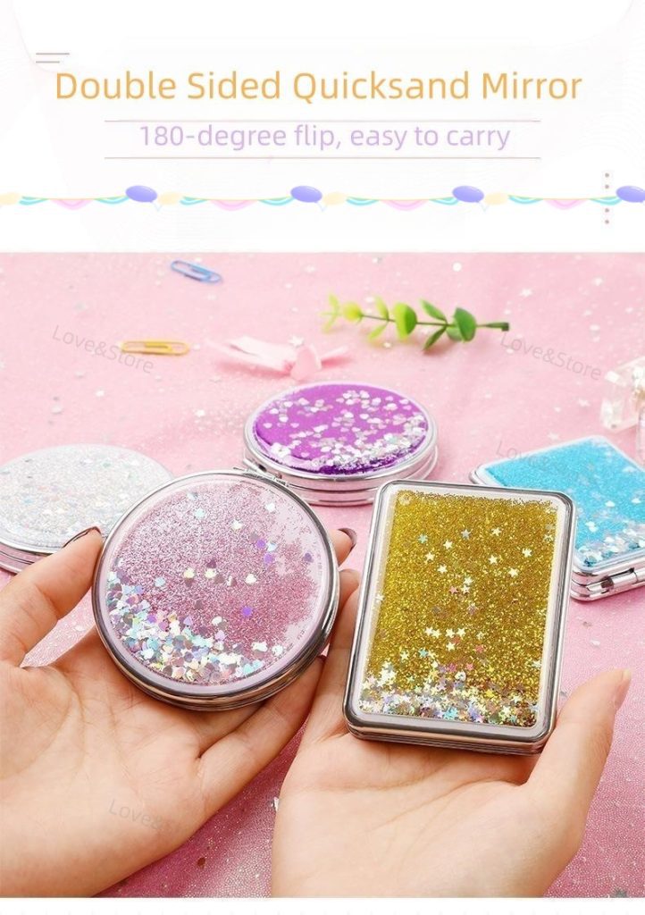 Mini Folding Pocket Mirror Double Sided Quicksand Floating Glitter ...