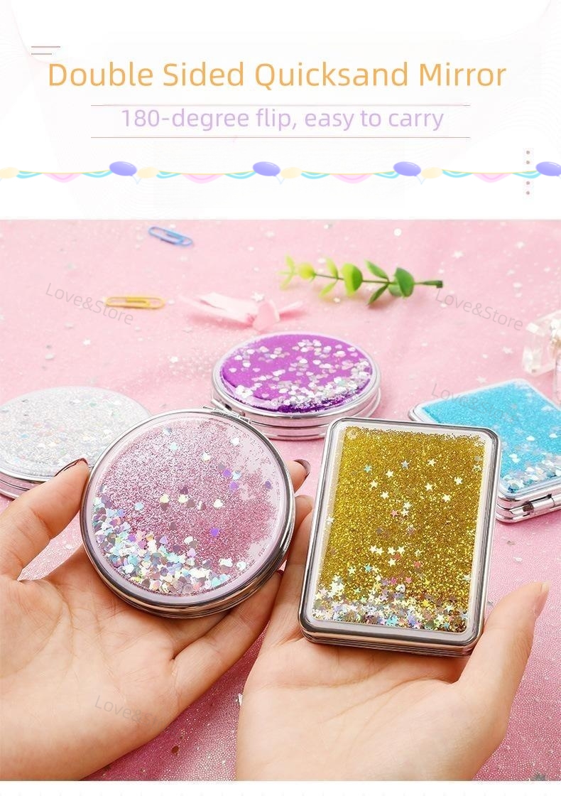Mini Folding Pocket Mirror Double Sided Quicksand Floating Glitter ...
