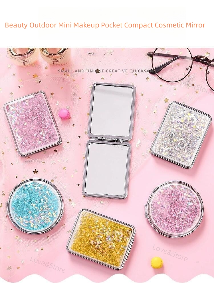 Mini Folding Pocket Mirror Double Sided Quicksand Floating Glitter ...