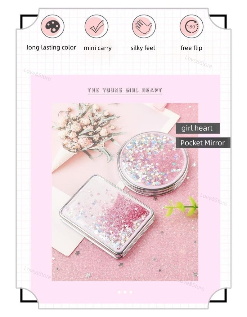 Mini Folding Pocket Mirror Double Sided Quicksand Floating Glitter ...