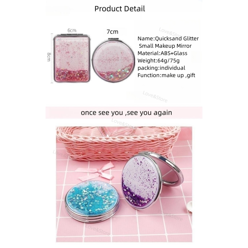 Mini Folding Pocket Mirror Double Sided Quicksand Floating Glitter ...