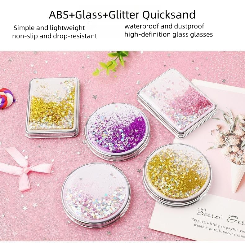 Mini Folding Pocket Mirror Double Sided Quicksand Floating Glitter ...