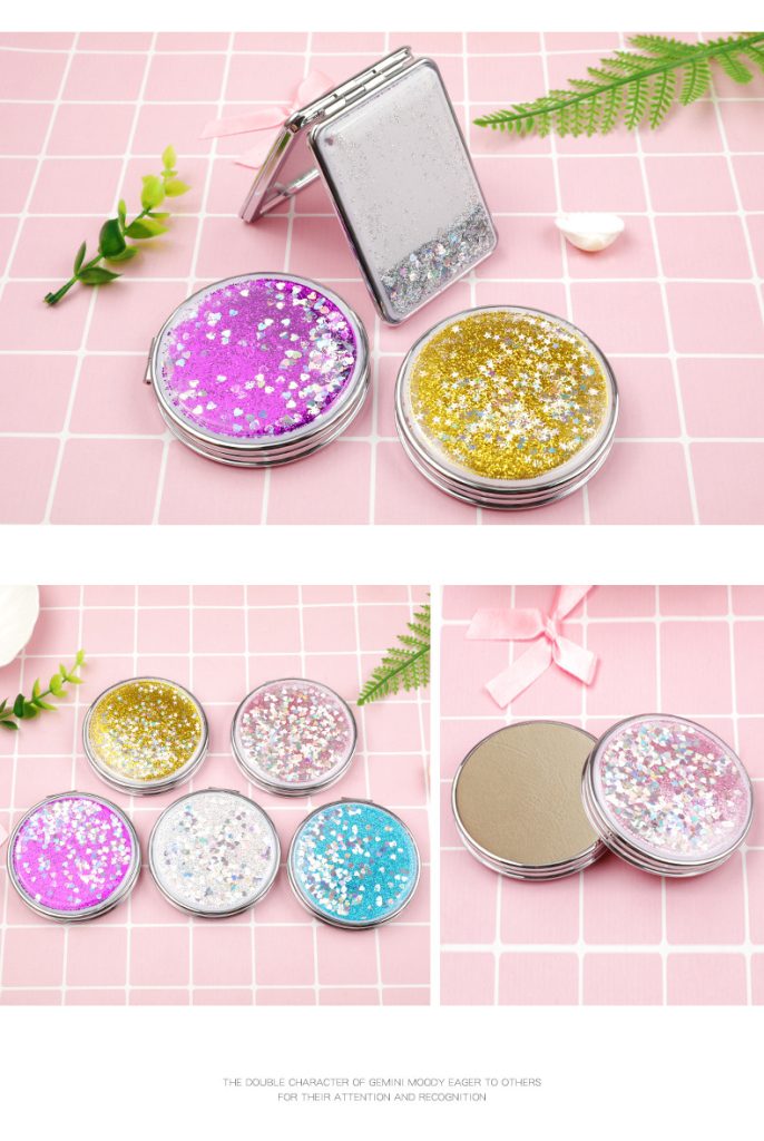 Mini Folding Pocket Mirror Double Sided Quicksand Floating Glitter ...