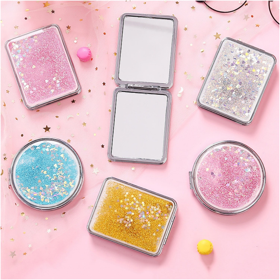 Mini Folding Pocket Mirror Double Sided Quicksand Floating Glitter ...